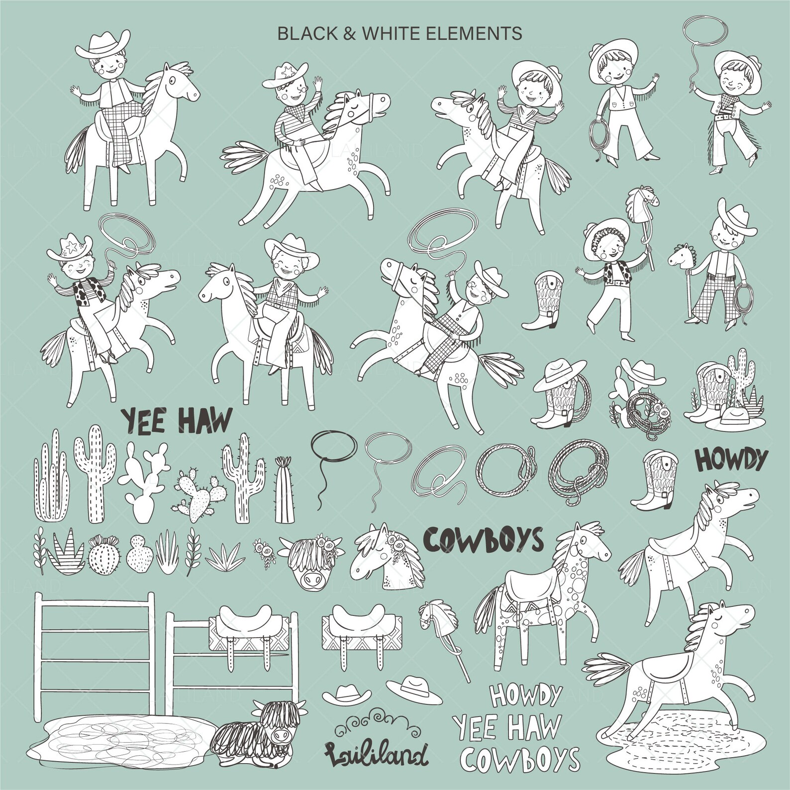 Cowboy Black and White Clipart: Western Doodle Line Art (PNG, EPS, SVG ...