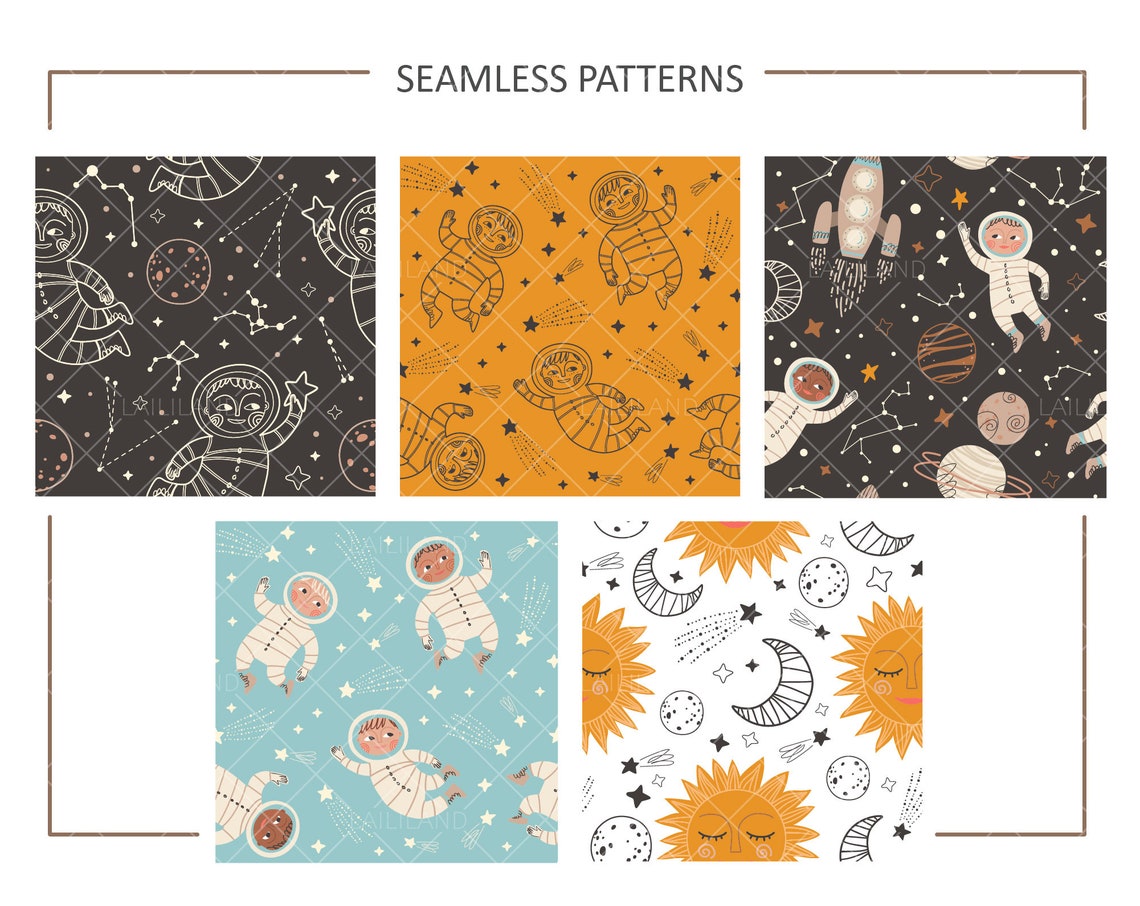 Space Digital Paper Little Astronaut Seamless Pattern Set | Etsy