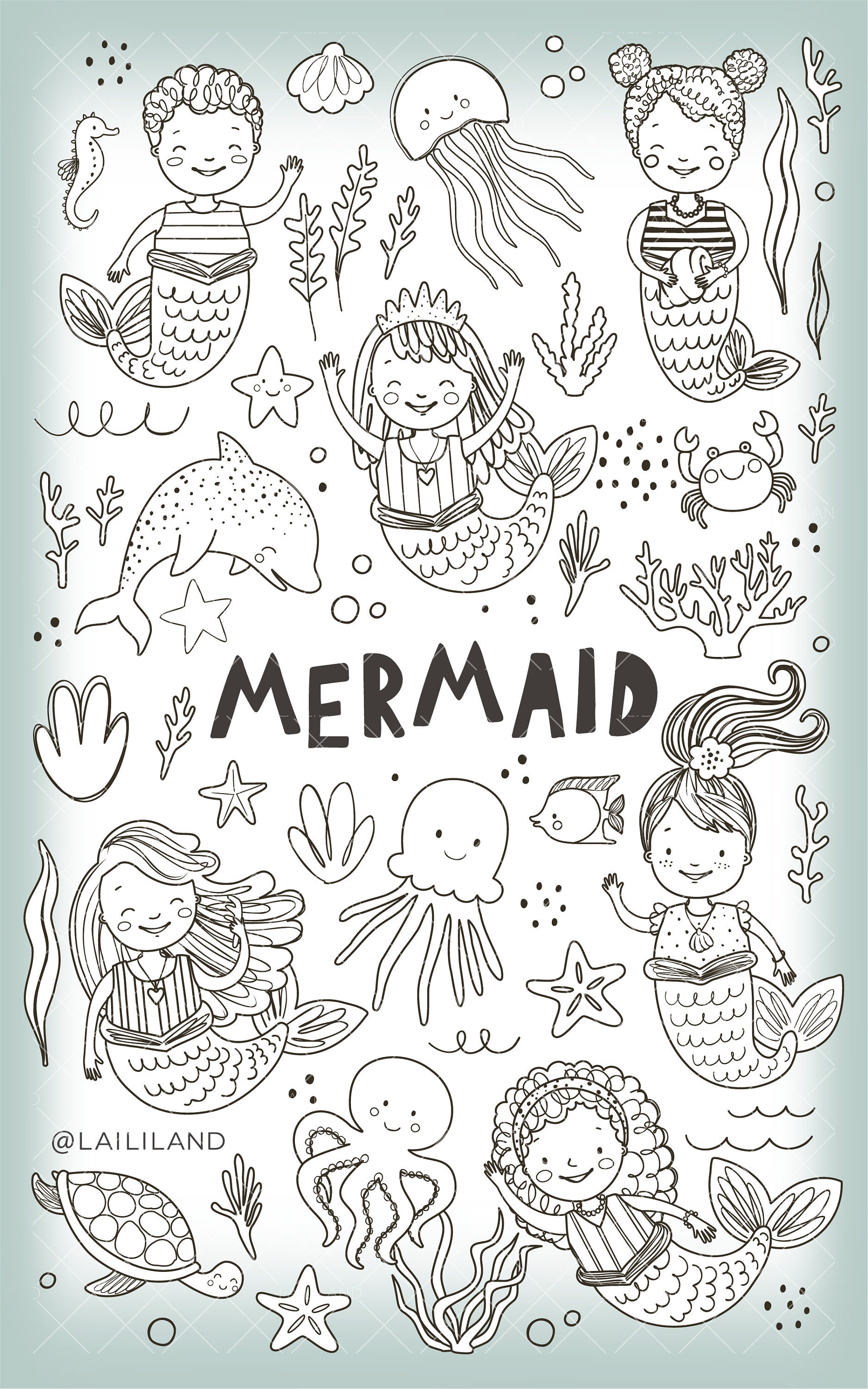Mermaid Black and White Clipart Sea Doodle Clip Art Mermaid | Etsy Canada
