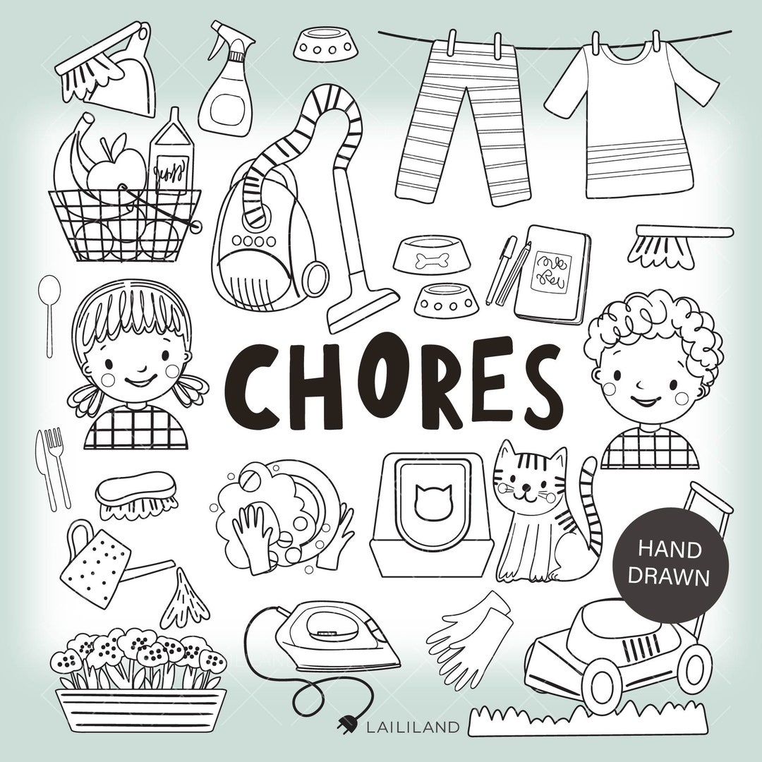 Kids Chores Black and White Clipart, Chore Doodle Clip Art, Household ...