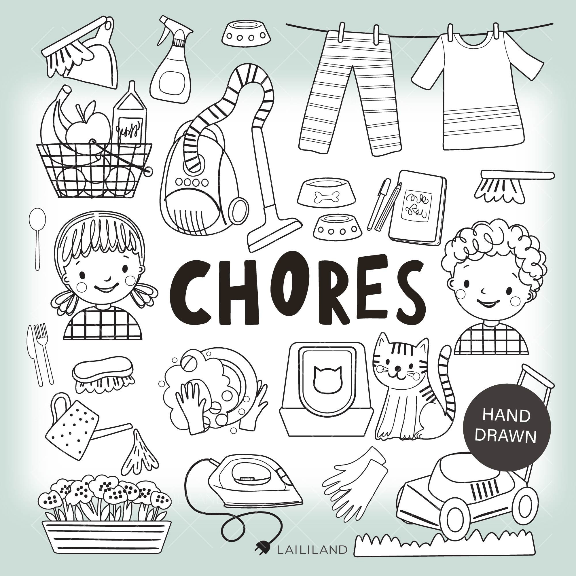 Kids Doing Chores Clipart Black And White