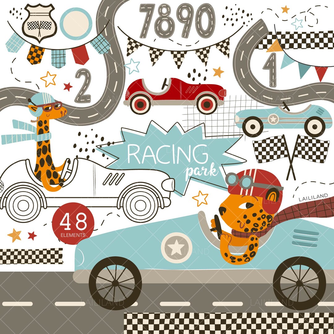 Race Car Clipart, Animal Racing Clip Art, Retro Race Car Png, Doodle ...