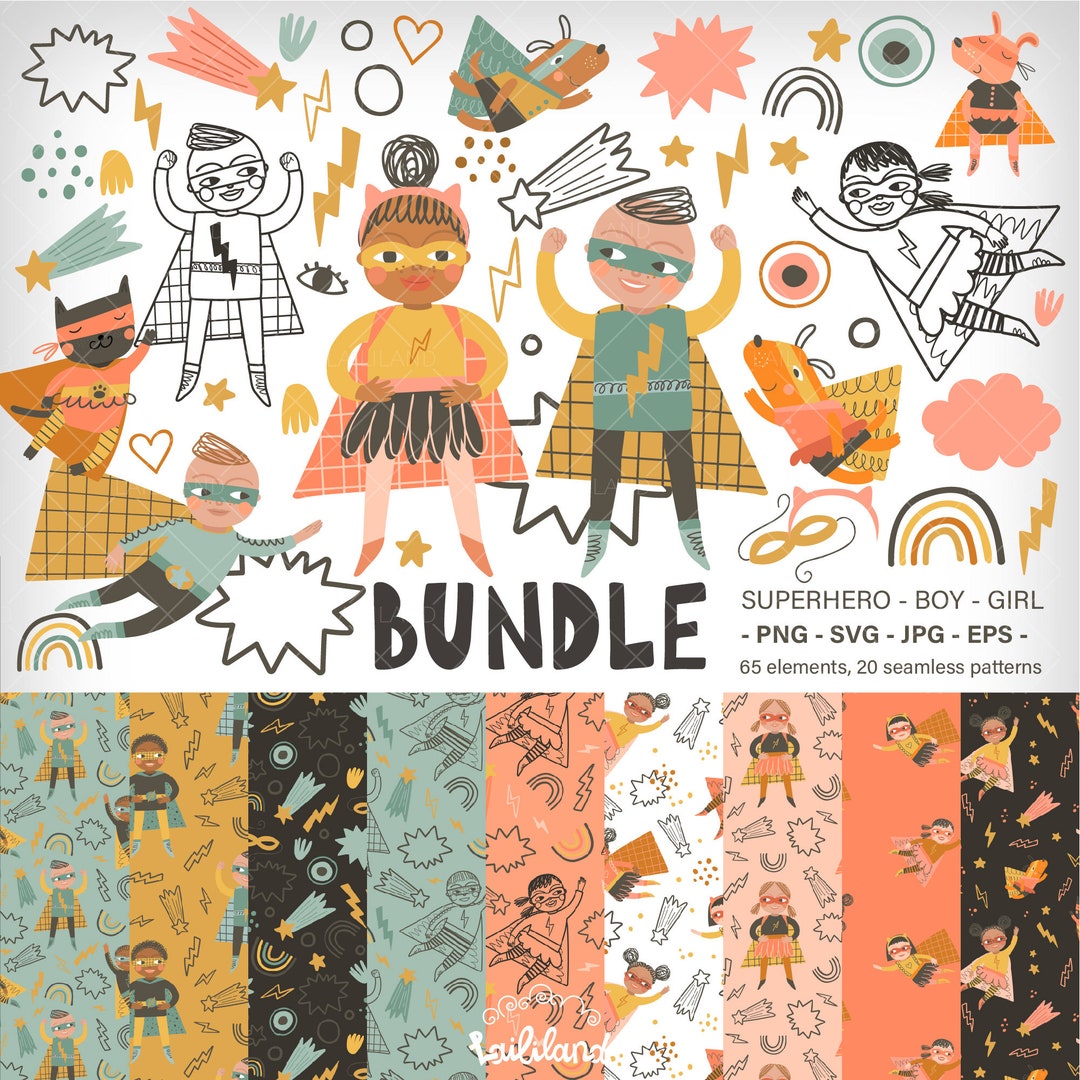 Superhero Bundle, Superhero Boy Girl Clipart, Kids Seamless Patterns ...