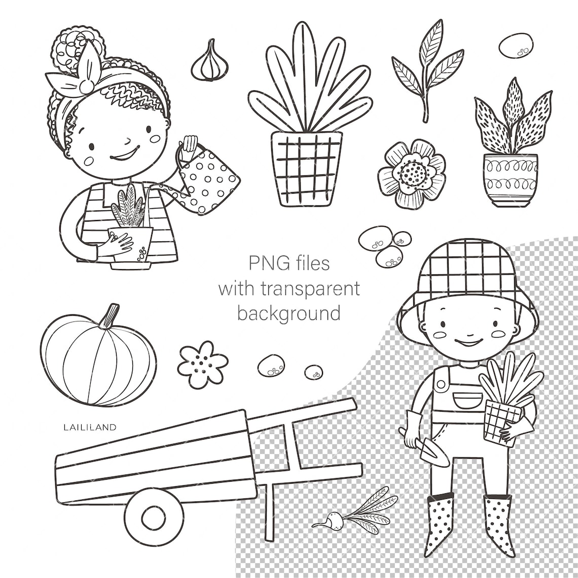 Gardening Black White Clipart Gardening Supplies Doodle Clip - Etsy