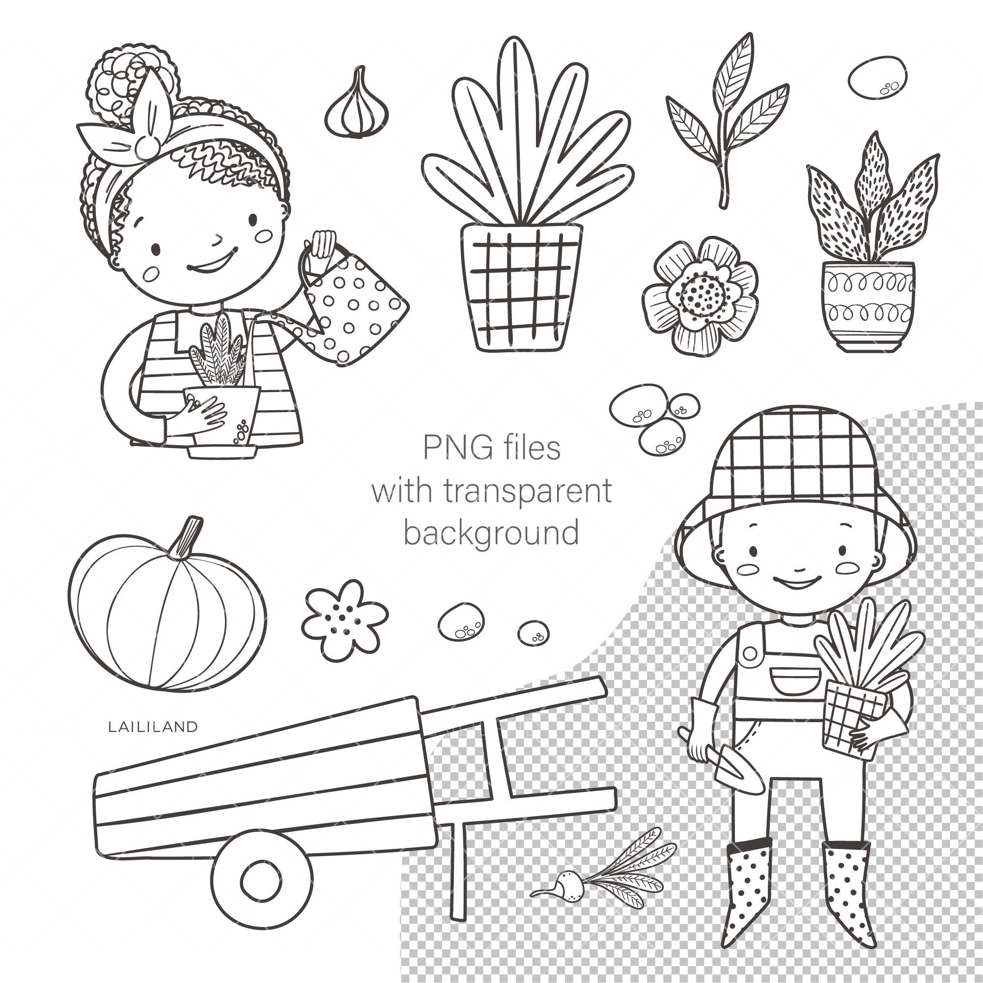 Gardening Black White Clipart Gardening Supplies Doodle Clip - Etsy