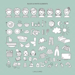 Kids Daily Routine Black and White Clipart, Morning Afternoon Evening ...