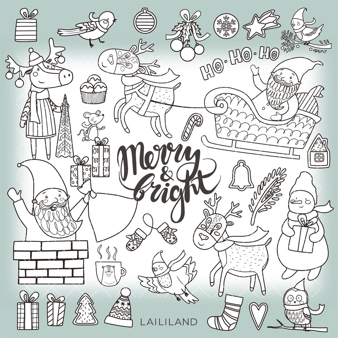 Christmas Black and White Clipart: Doodle Holiday PNG and EPS Files ...