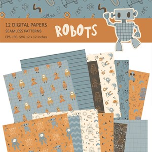 Robot Digital Paper, Seamless Pattern, Cute Robots Digital Background ...