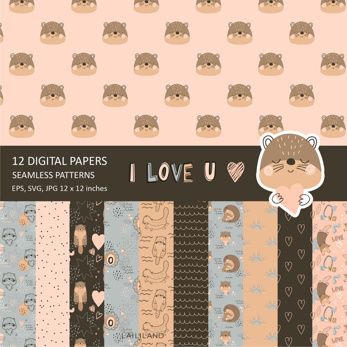 Otter Digital Paper Animal Seamless Pattern Love Digital | Etsy