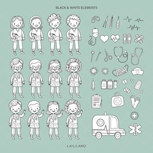Doctor Black and White Clipart, Medical Doodle Clipart, Nurse Lineart ...