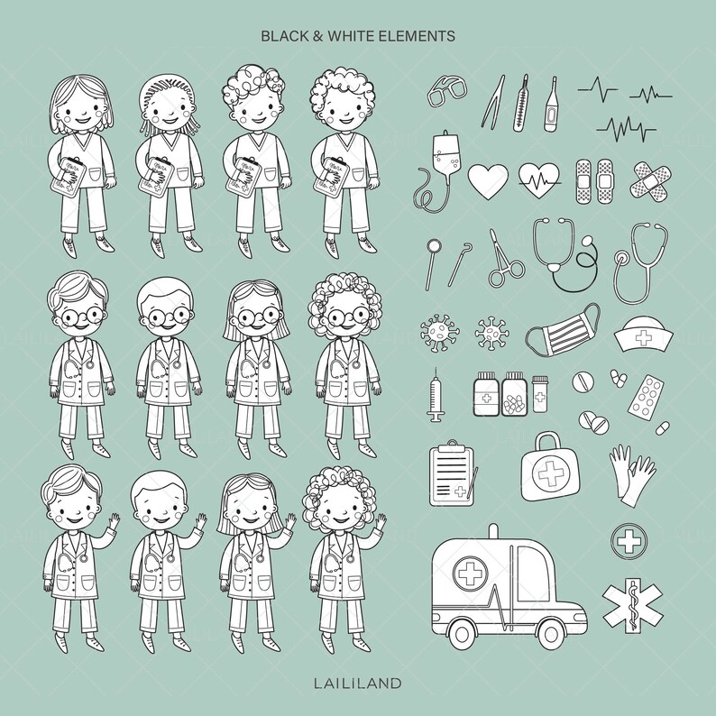 Doctor Black and White Clipart: Children Medical Doodle Line Art ...