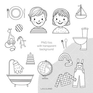 Kids Daily Routine Black and White Clipart, Morning Afternoon Evening ...