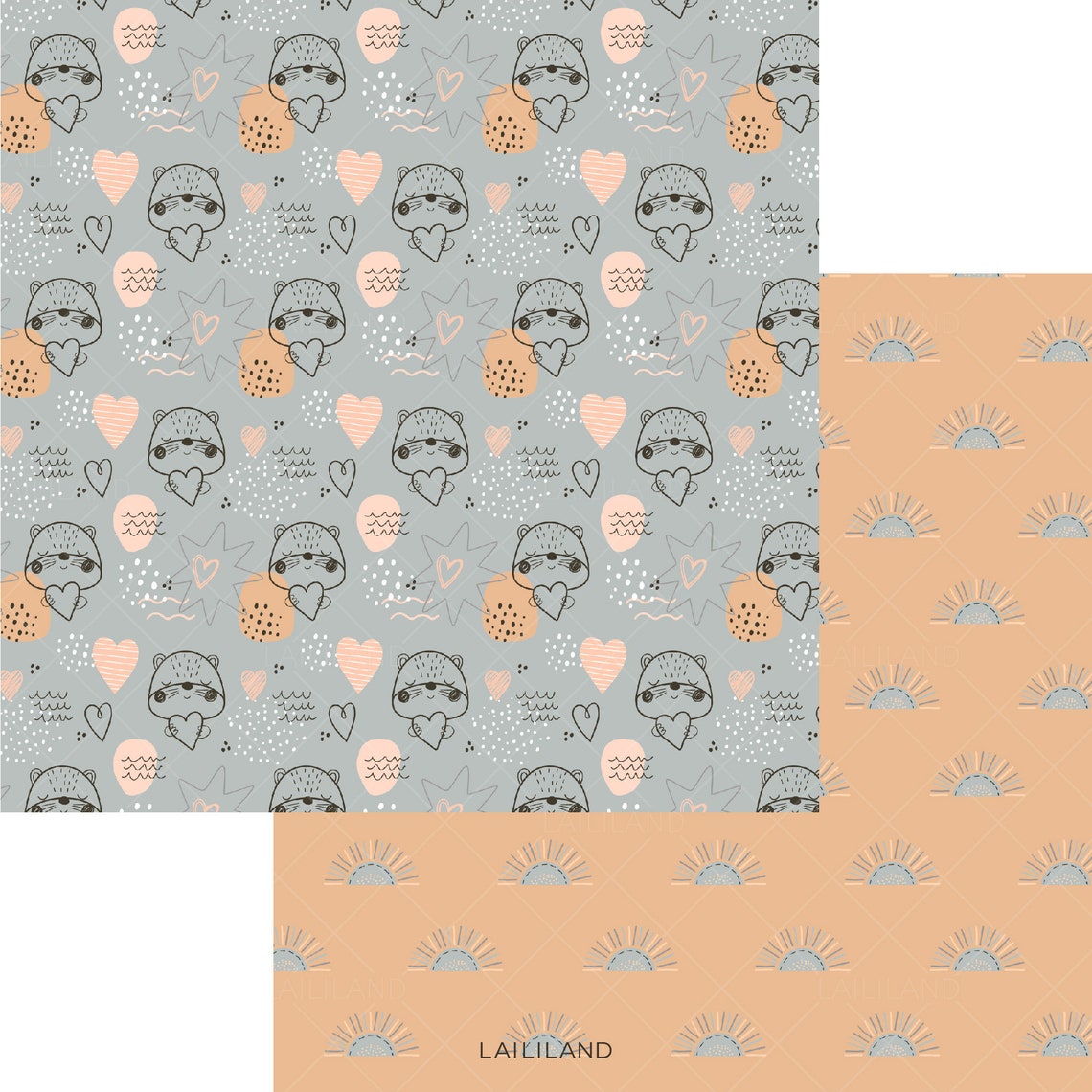 Otter Digital Paper Animal Seamless Pattern Love Digital | Etsy