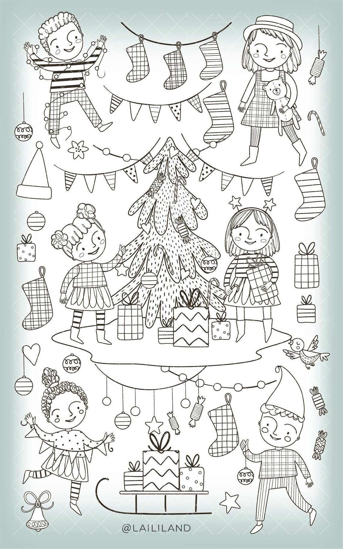 Christmas kids black and white clipart Christmas doodle clip | Etsy