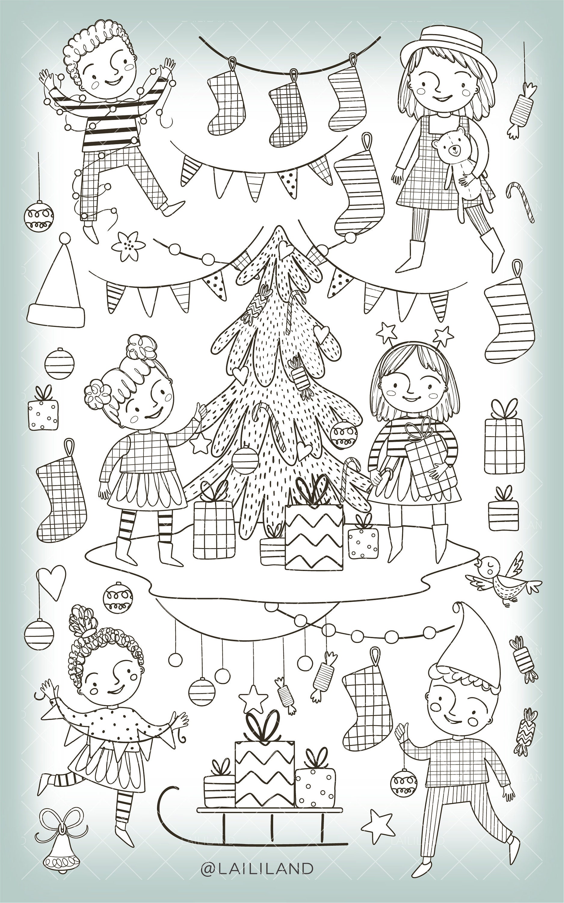 Christmas kids black and white clipart Christmas doodle clip | Etsy
