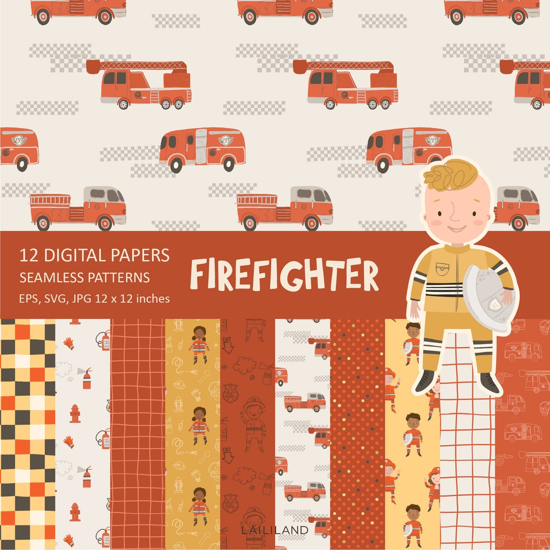 Firefighter Digital Paper, Fireman Seamless Paper, Kids Firefighter ...