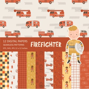 Firefighter Digital Paper, Fireman Seamless Paper, Kids Firefighter ...