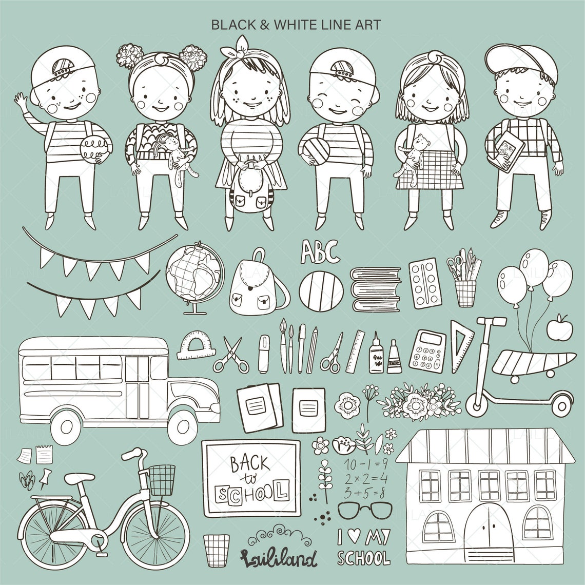 School Doodle Clipart Back to School Black and White Clip | Etsy