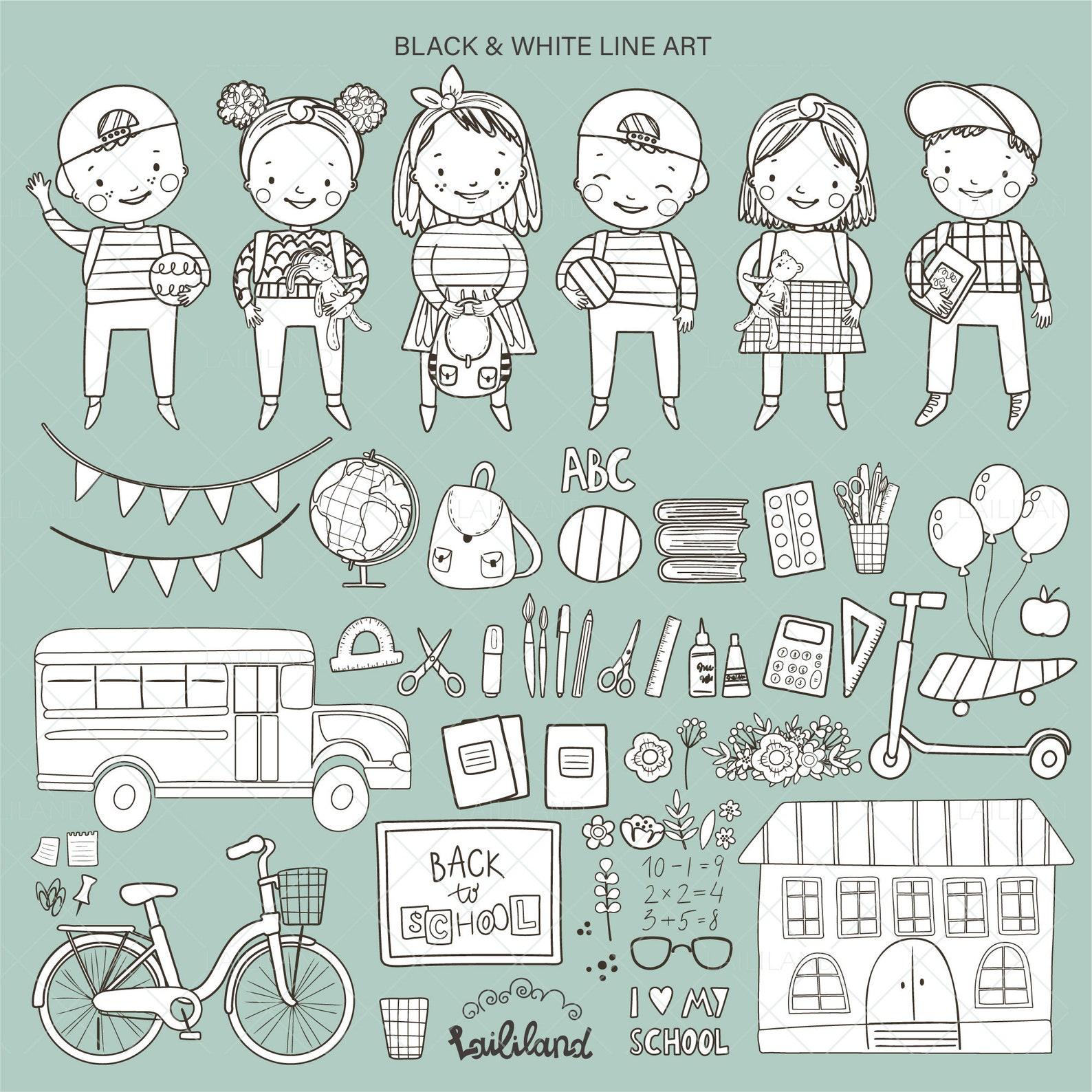 School Doodle Clipart Back to School Black and White Clip | Etsy