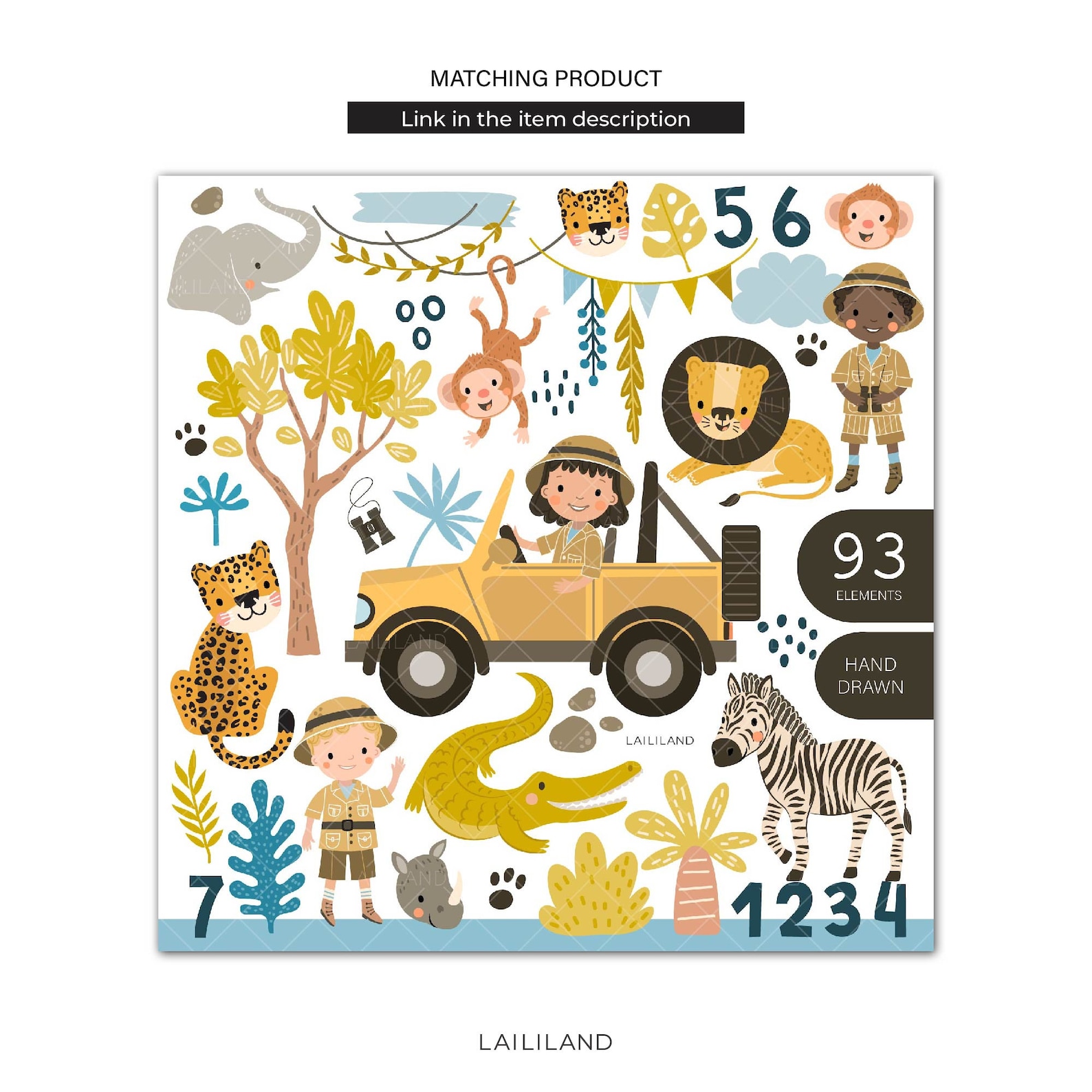 Safari Animals Black and White Clipart, Safari Car Doodle Clipart ...