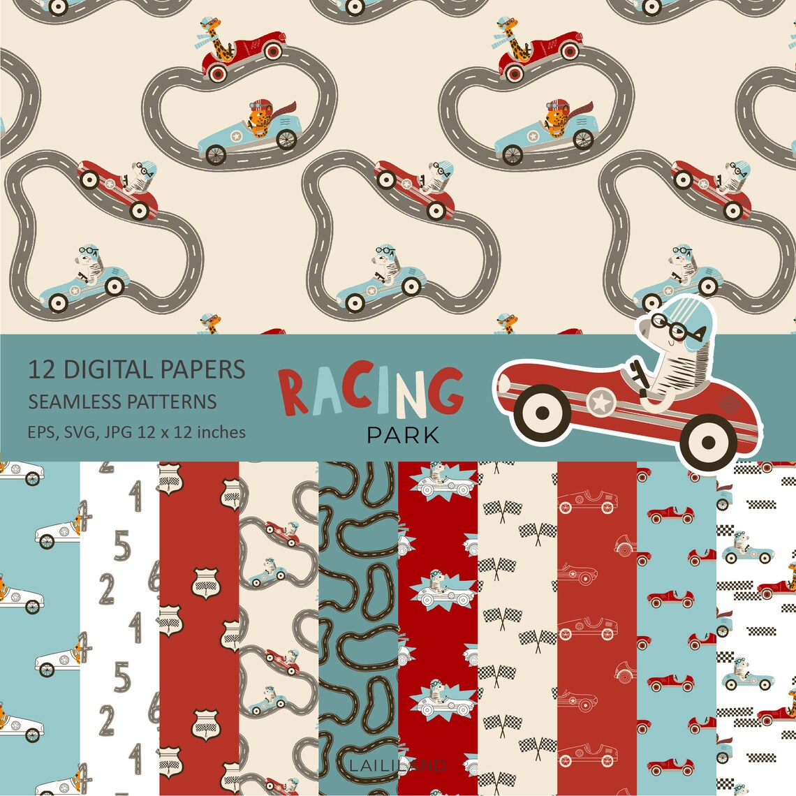 Race Car Digital Paper Animal Racer Digital Background Kids | Etsy