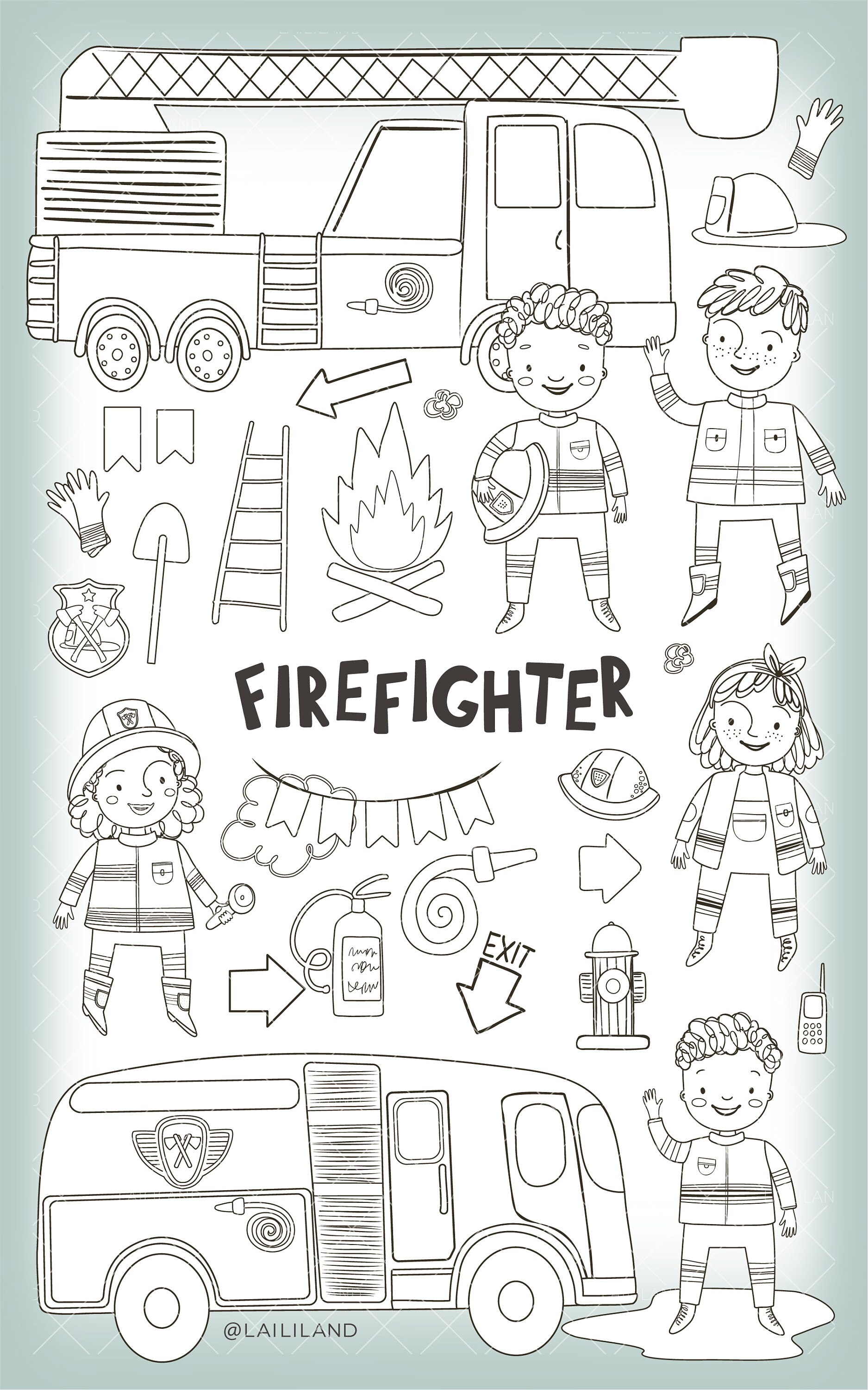 Firefighter Black and White Clipart Firefighter Doodle Clip - Etsy