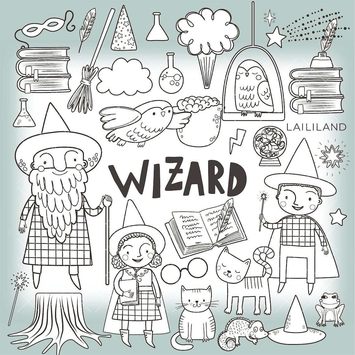 Wizard Black and White Clipart Magic Doodle Clip Art Wizard - Etsy