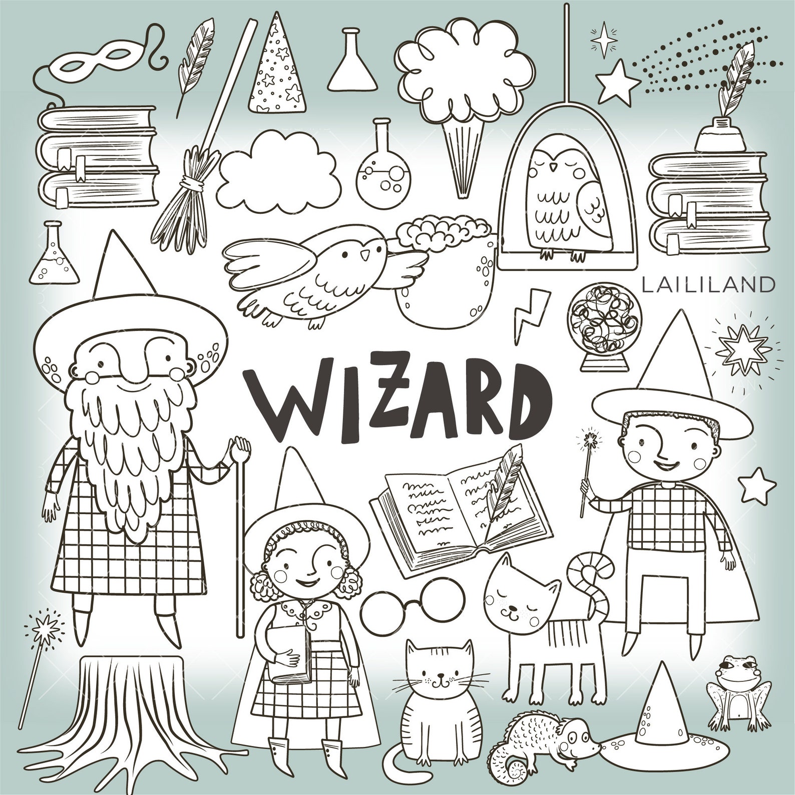 Wizard Black and White Clipart Magic Doodle Clip Art Wizard - Etsy