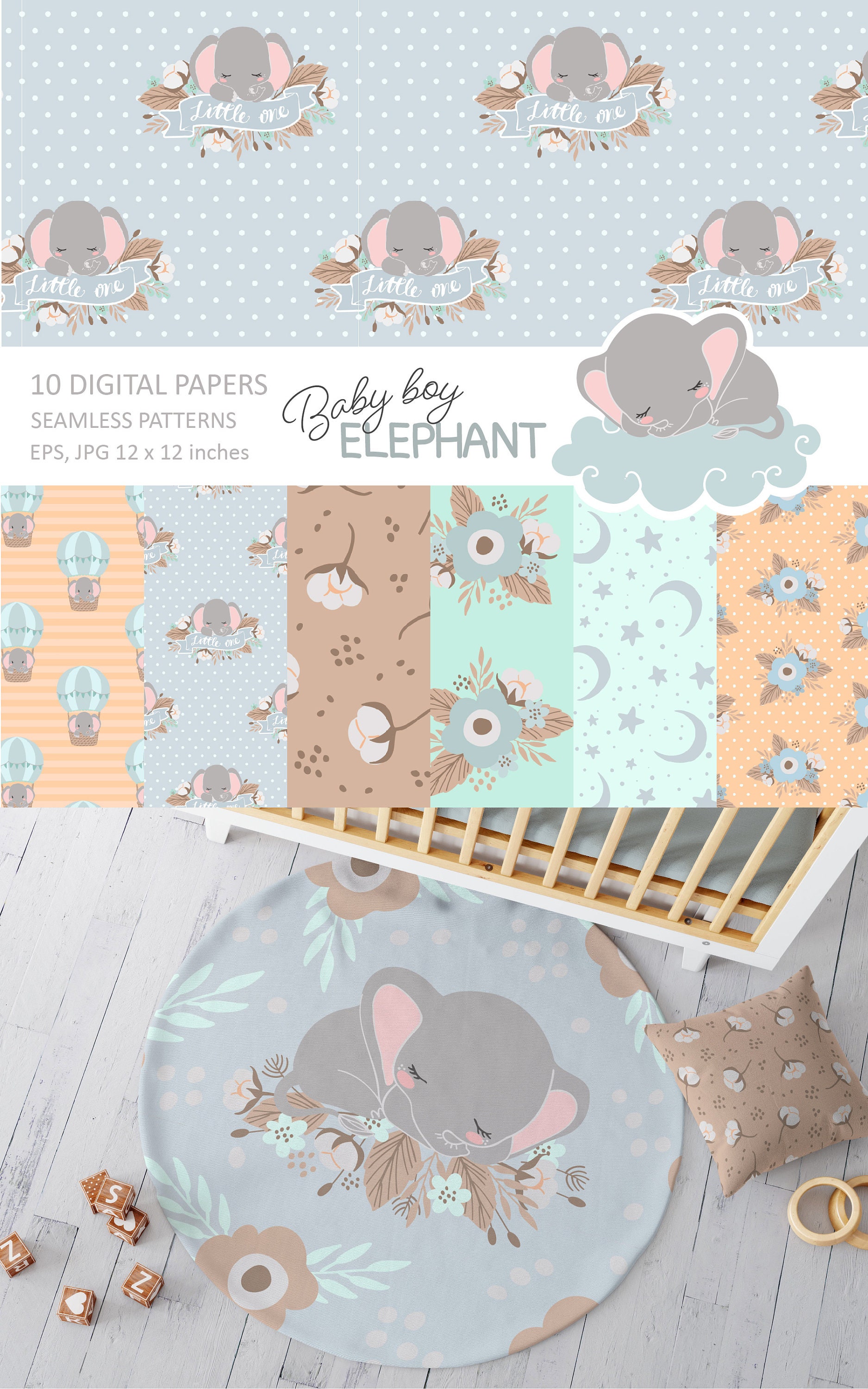 Digital Paper Baby Boy Baby Elephant Seamless Patterns Baby | Etsy