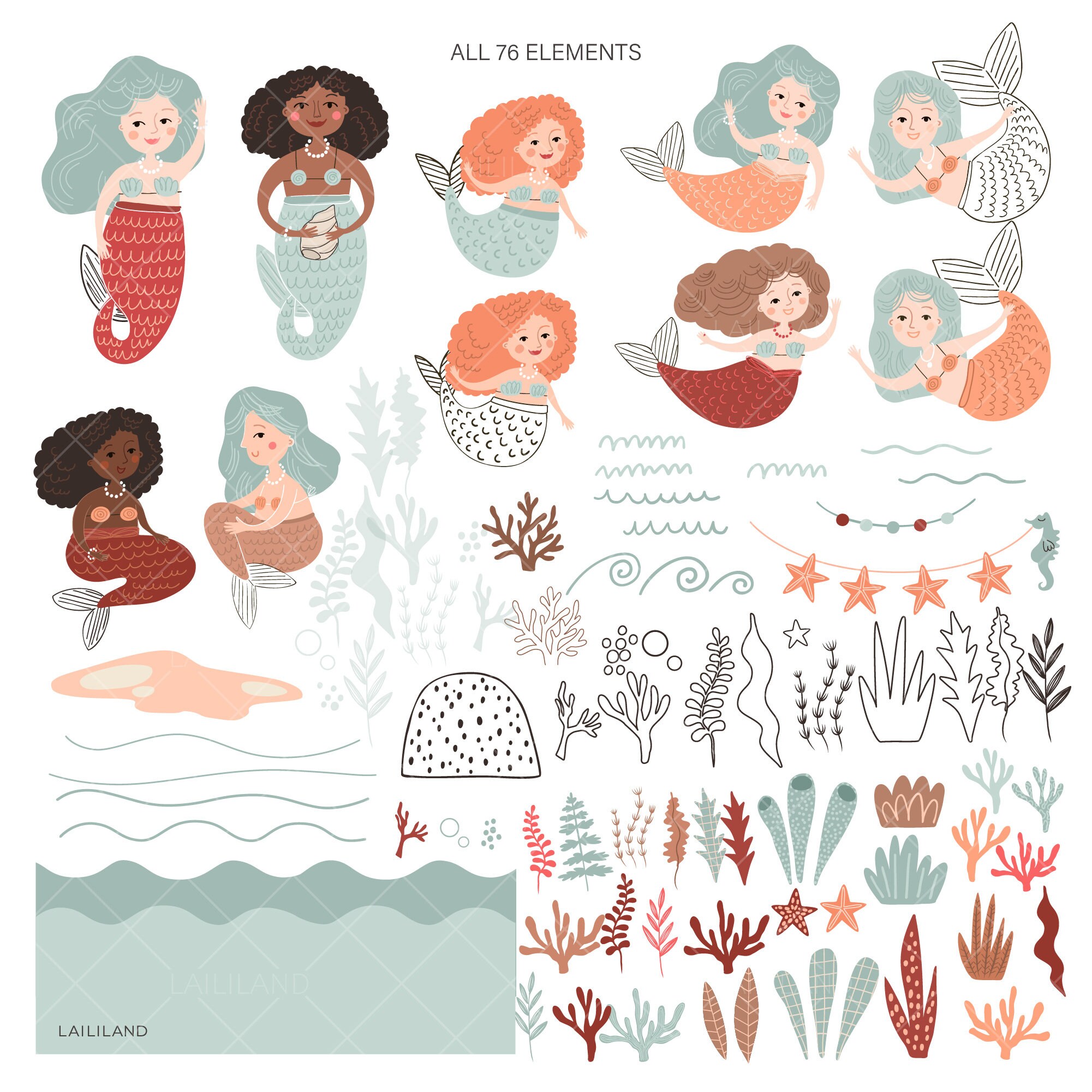 Mermaid Clipart, Sea Clipart, Cute Mermaid Vector Clip Art, Ocean ...