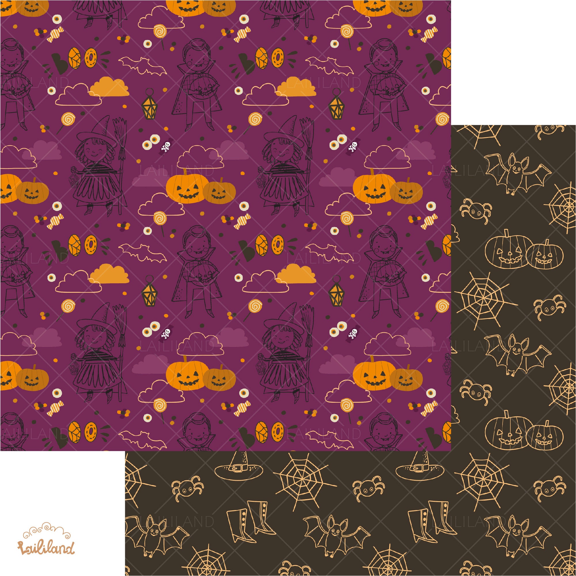 Halloween Digital Paper: Kids Seamless Pattern (JPG, EPS, SVG) (instant ...