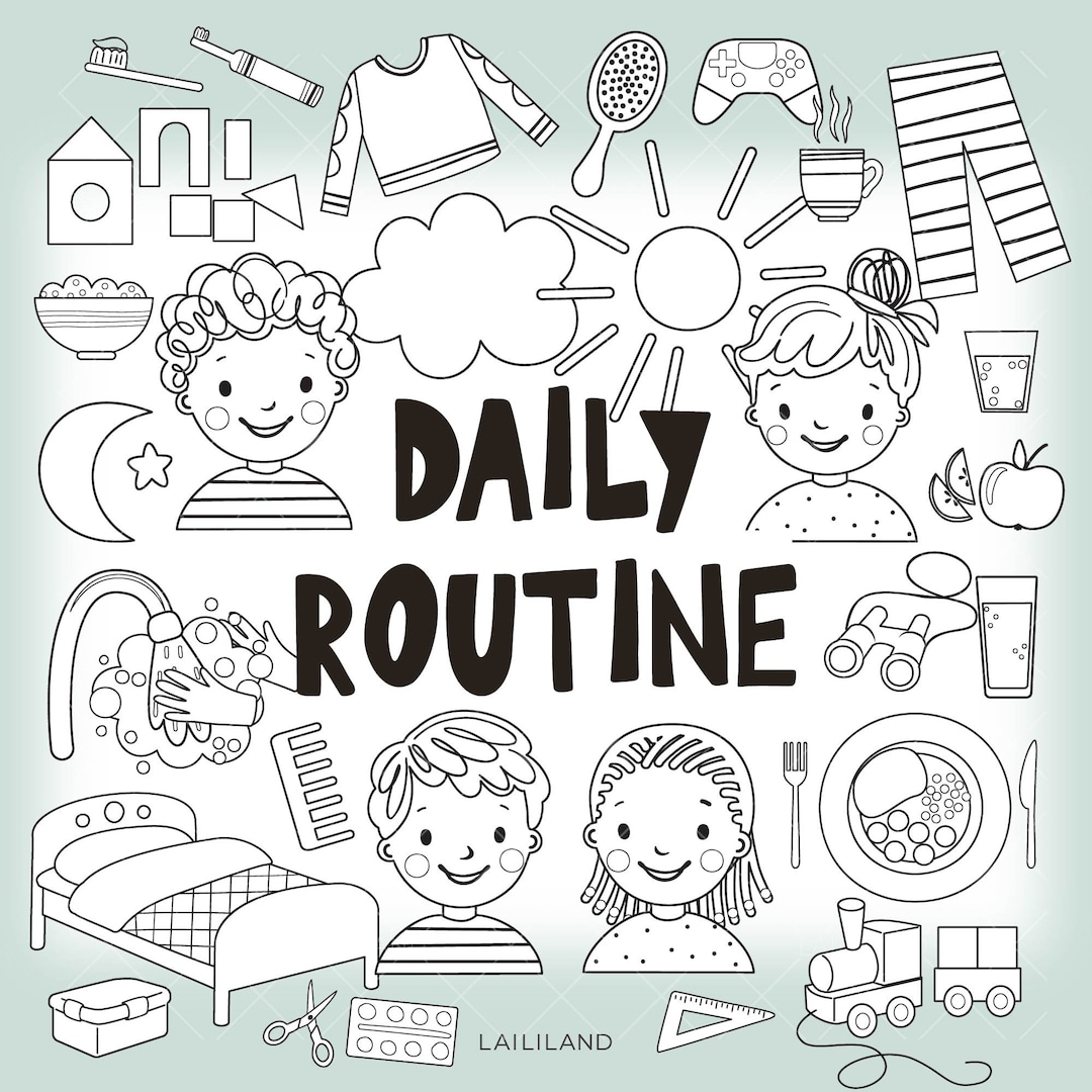 Kids Daily Routine Black and White Clipart: Morning, Evening Doodle Art ...
