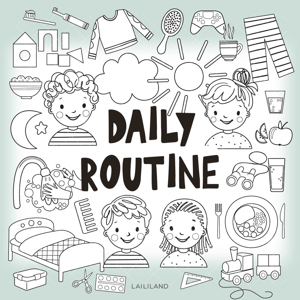 Kids Daily Routine Black and White Clipart: Morning, Evening Doodle Art ...
