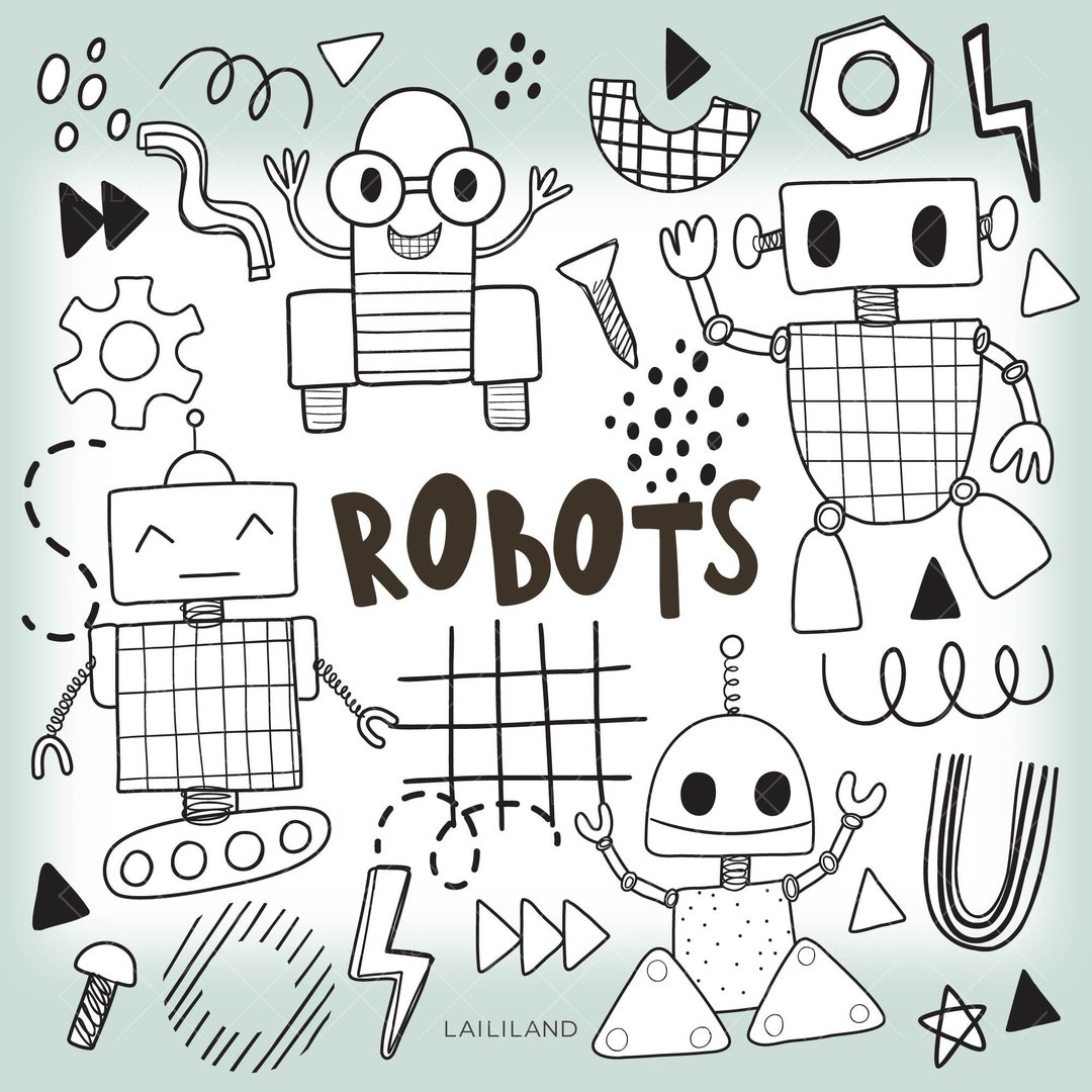 Robot Black and White Clipart, Cute Hand Drawn Robots Doodle Clip Art ...