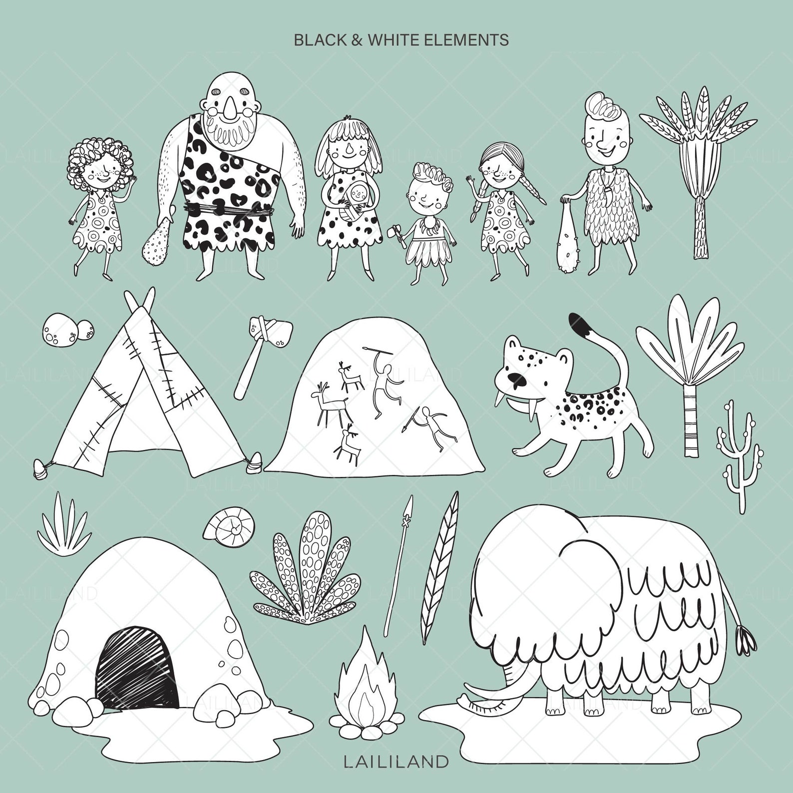 Stone Age Black and White Clipart: Kids Caveman Family Doodles (digital ...