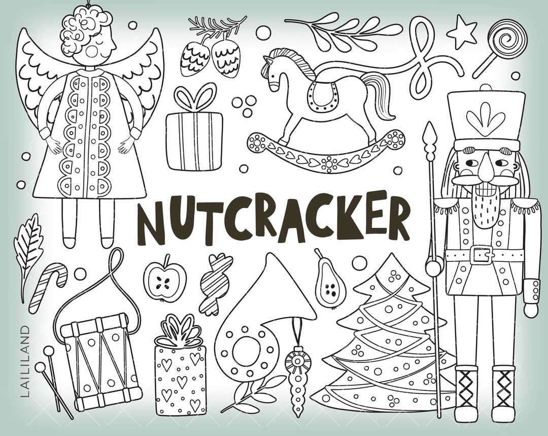 Nutcracker Black and White Clipart: Christmas Doodle Line Art (digital ...
