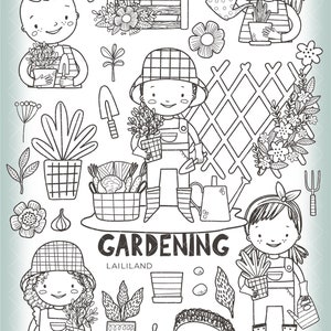 Gardening Black White Clipart, Gardening Supplies Doodle Clip Art ...