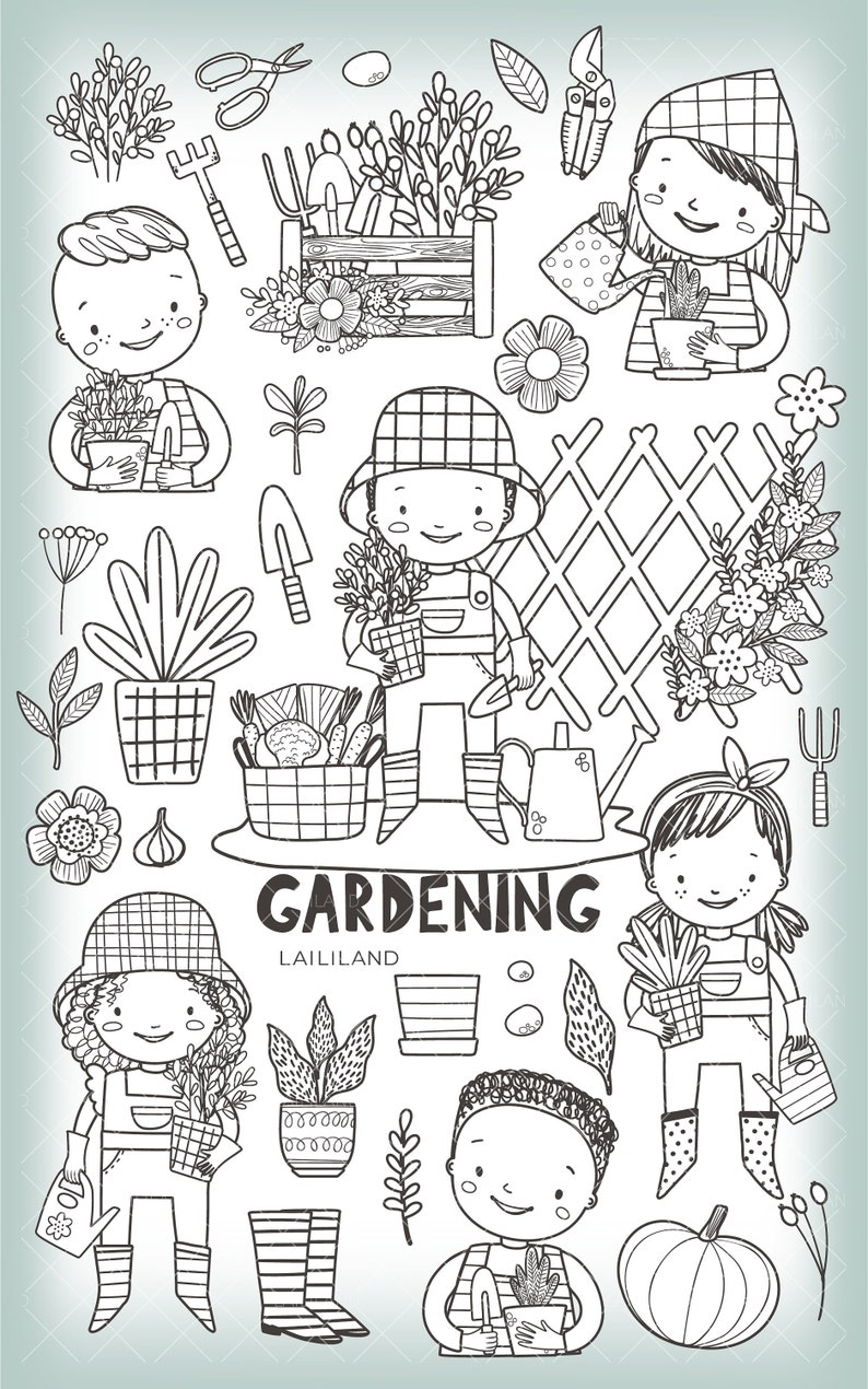 Gardening Black White Clipart Gardening Supplies Doodle Clip - Etsy
