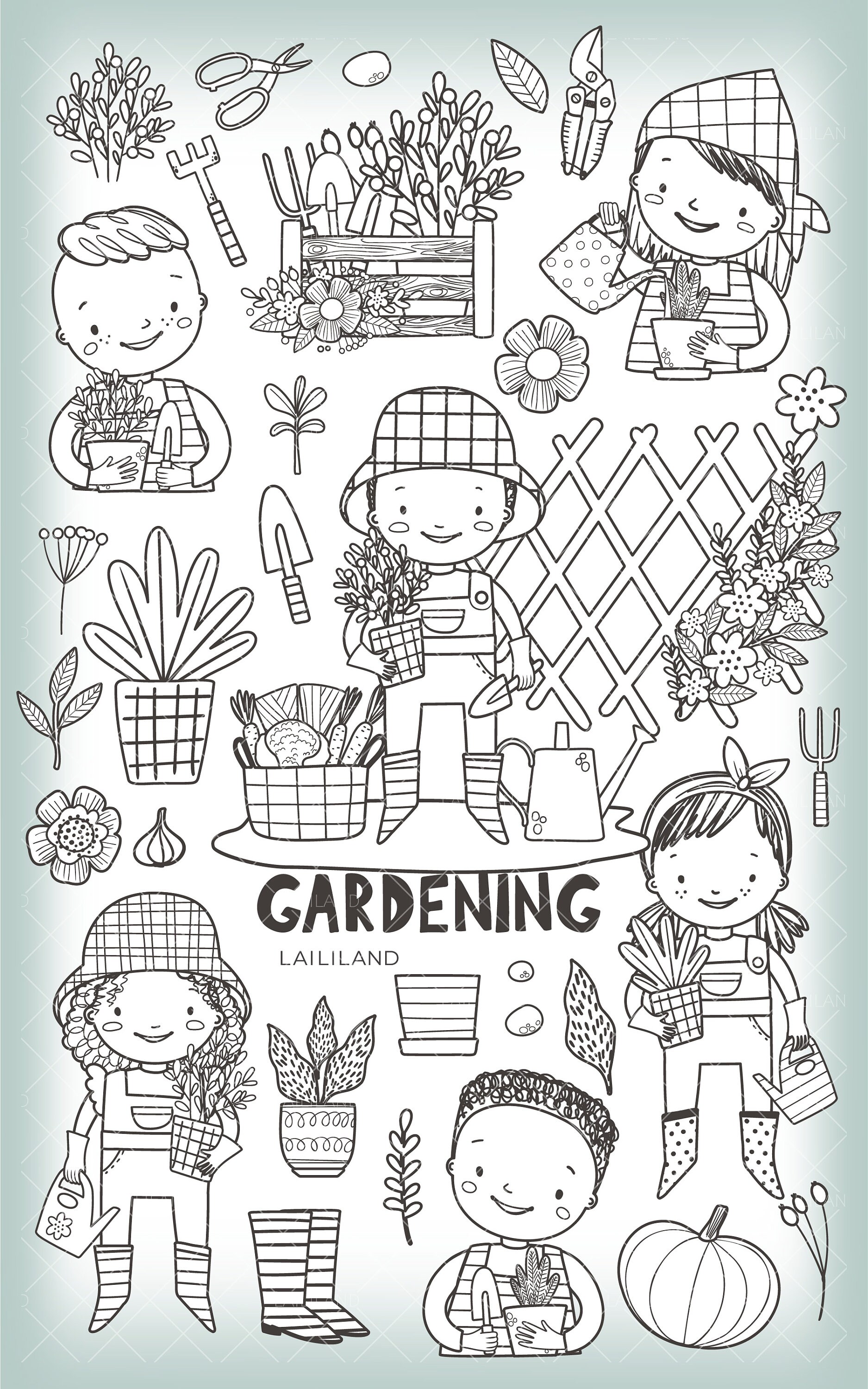 Gardening Black White Clipart Gardening Supplies Doodle Clip - Etsy