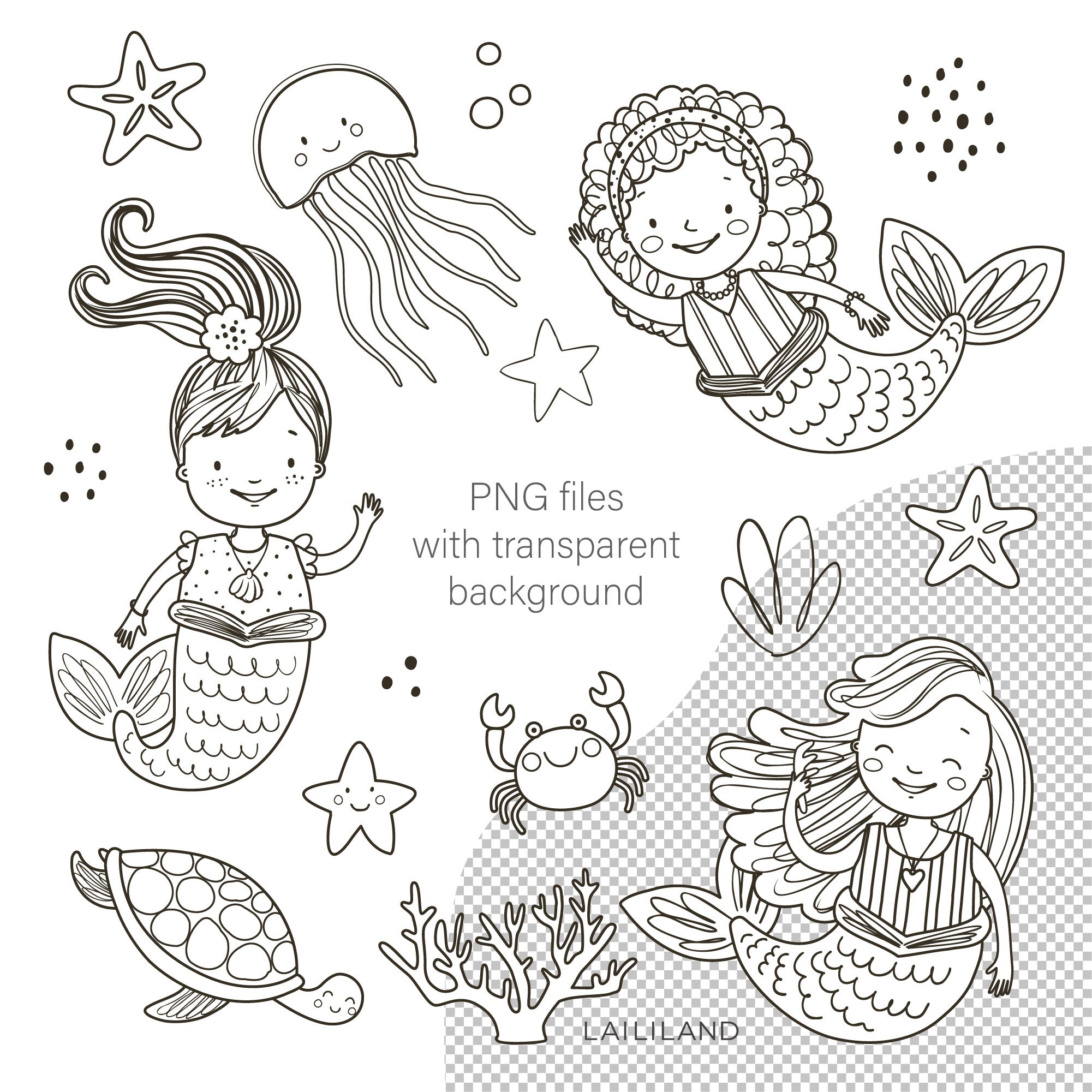Mermaid Black and White Clipart Sea Doodle Clip Art Mermaid | Etsy Canada