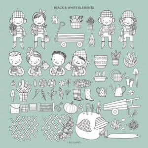 Gardening Black White Clipart, Gardening Supplies Doodle Clip Art ...