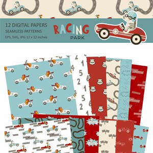 Race Car Digital Paper, Animal Racer Digital Background, Kids Seamless ...