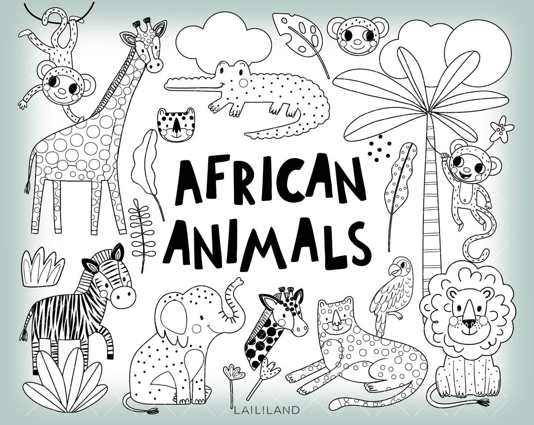Safari Animal Doodle Clipart: African Animals Line Art PNG, SVG, EPS ...