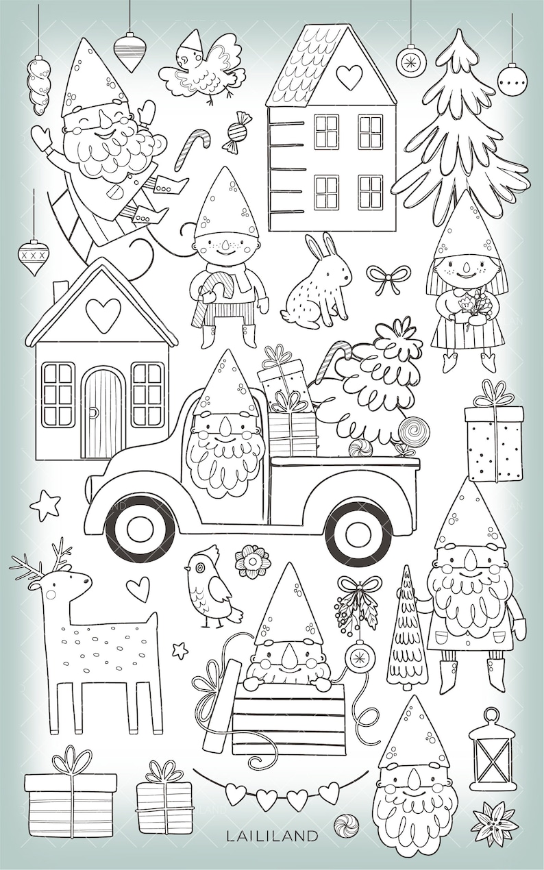 Christmas Black and White Clipart Gnome Doodle Clip Art - Etsy