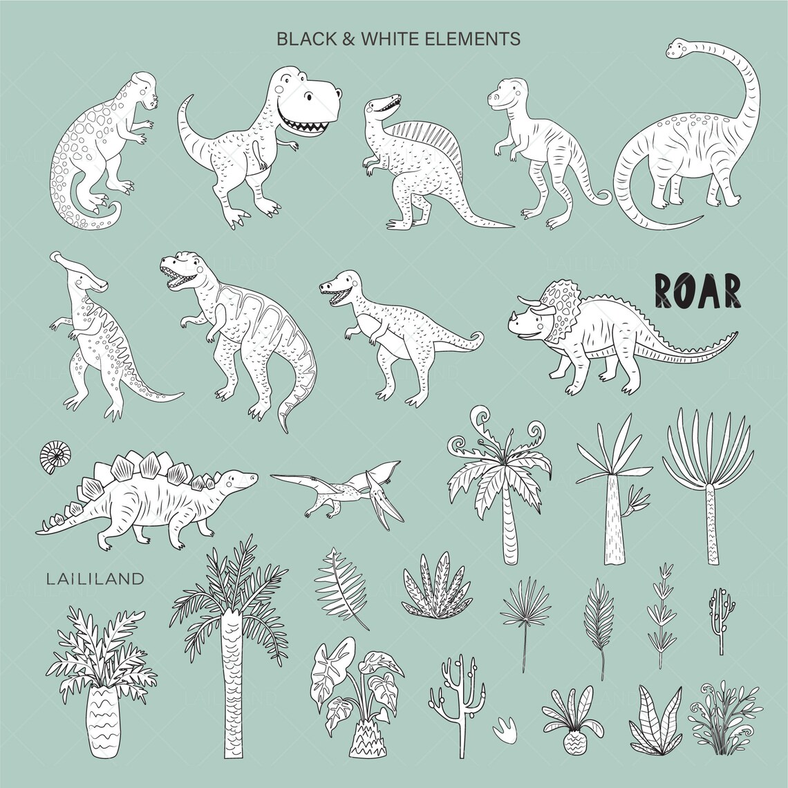 Dinosaur Black and White Clipart Dinosaurs Doodle Clip Art - Etsy