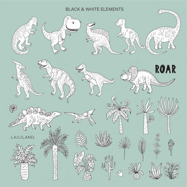 Dinosaur Black and White Clipart Dinosaurs Doodle Clip Art - Etsy