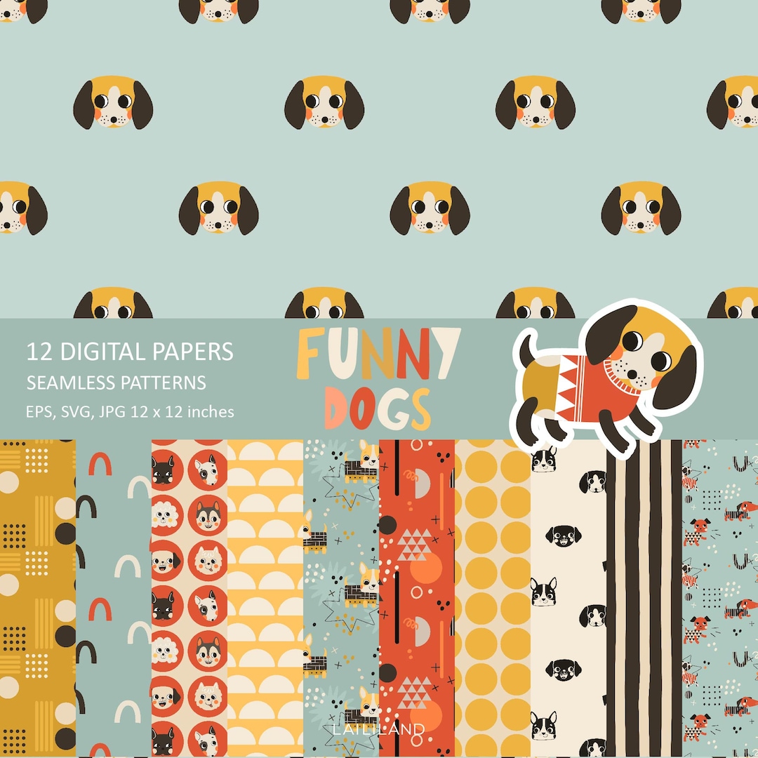 Dog Digital Paper, Cute Puppy Seamless Pattern, Dog Face Digital ...