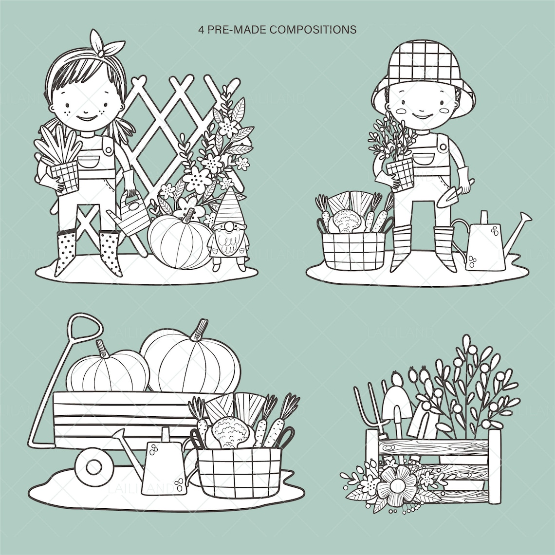 Gardening Black White Clipart Gardening Supplies Doodle Clip - Etsy