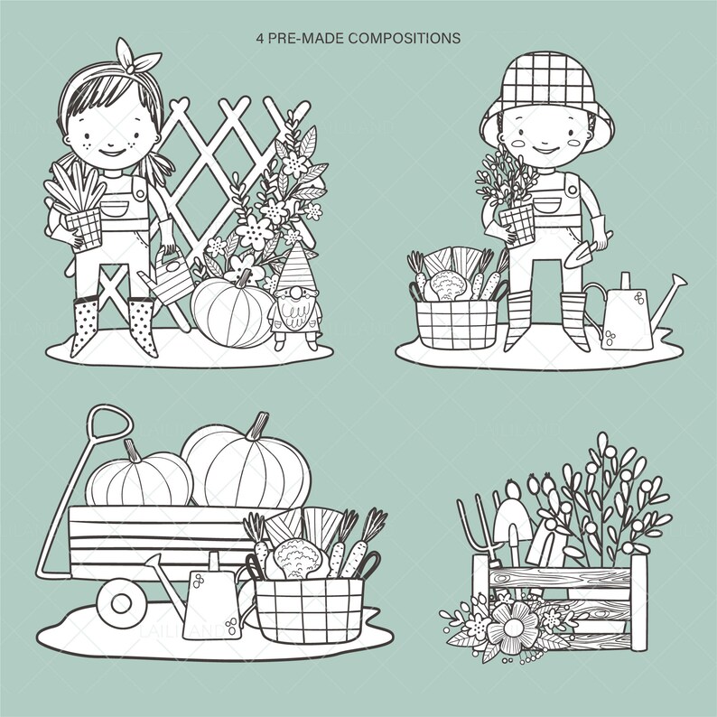 Gardening Black White Clipart Gardening Supplies Doodle Clip - Etsy