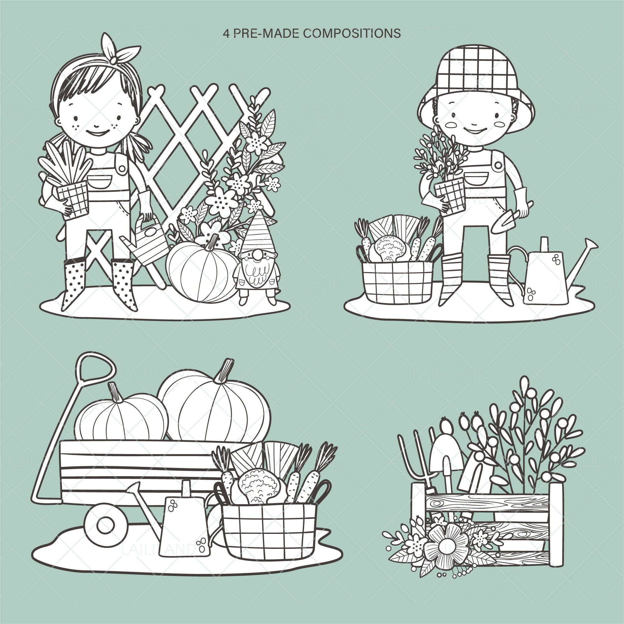 Gardening Black White Clipart Gardening Supplies Doodle Clip - Etsy